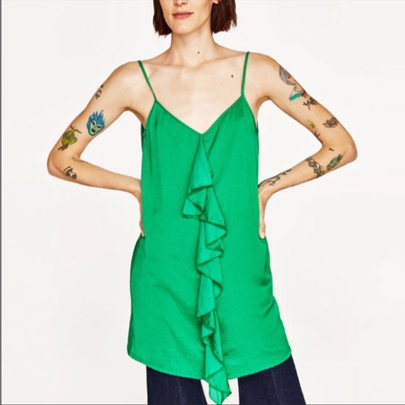 Zara | Dresses | Zara Kelly Green Ruffle Detail Satin Spaghetti Strap ...